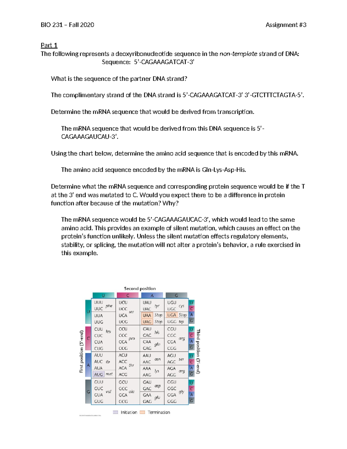 Assignment 3- Genetics - BIO 231 – Fall 2020 Assignment # Part 1 The ...