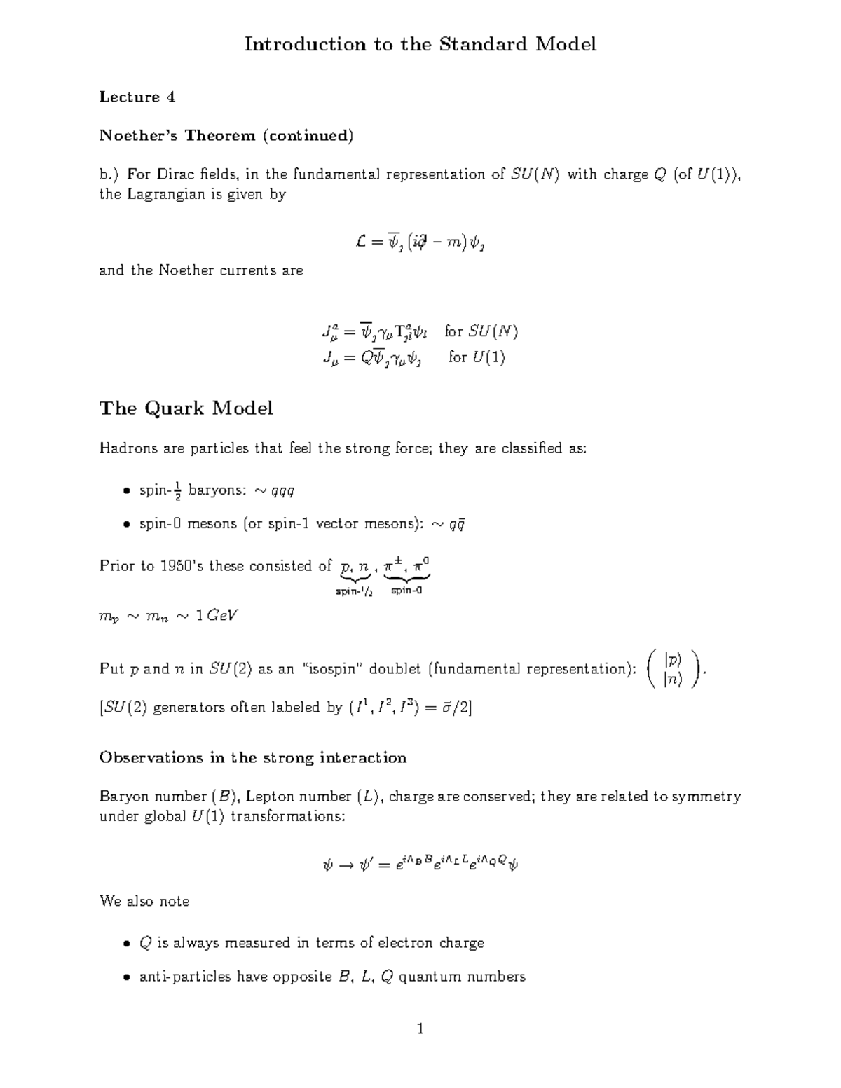 Lecture Notes 04 - Introduction to the Standard Model Lecture 4 Theorem ...