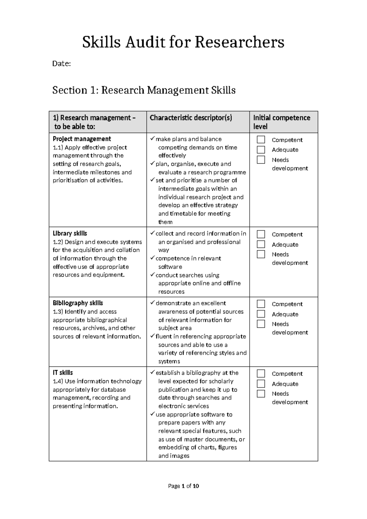 Researchers Skills Audit Form - Page 1 of 10 Date: Skills Audit for ...