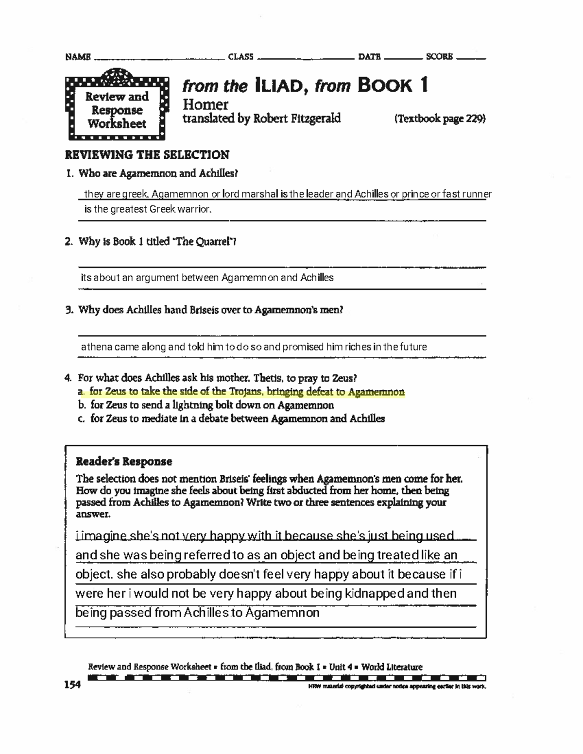 Ariana Deitz - Review-Response The Iliad Bks. 1-22-24 - NAME Review and ...