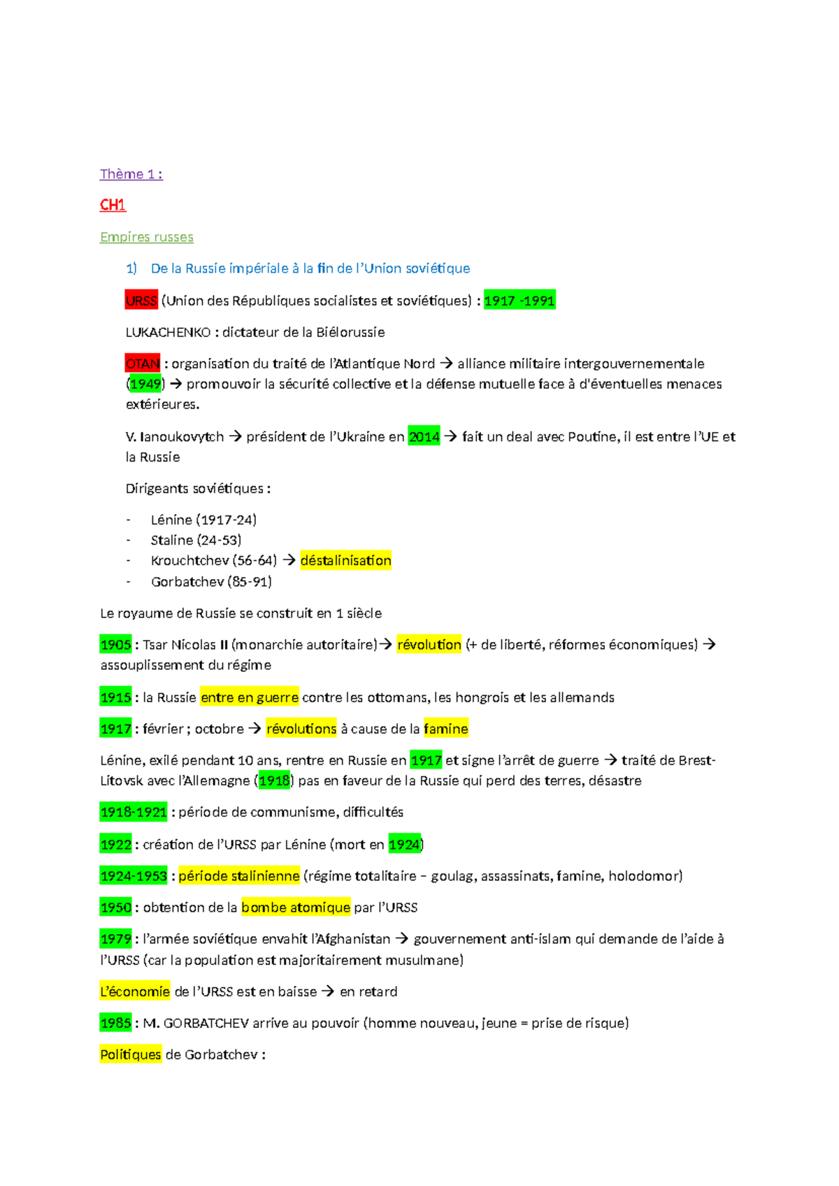 Hggsp TH1 et TH2 - Thème 1 : CH Empires russes 1) De la Russie impériale à la fin de l’Union ...