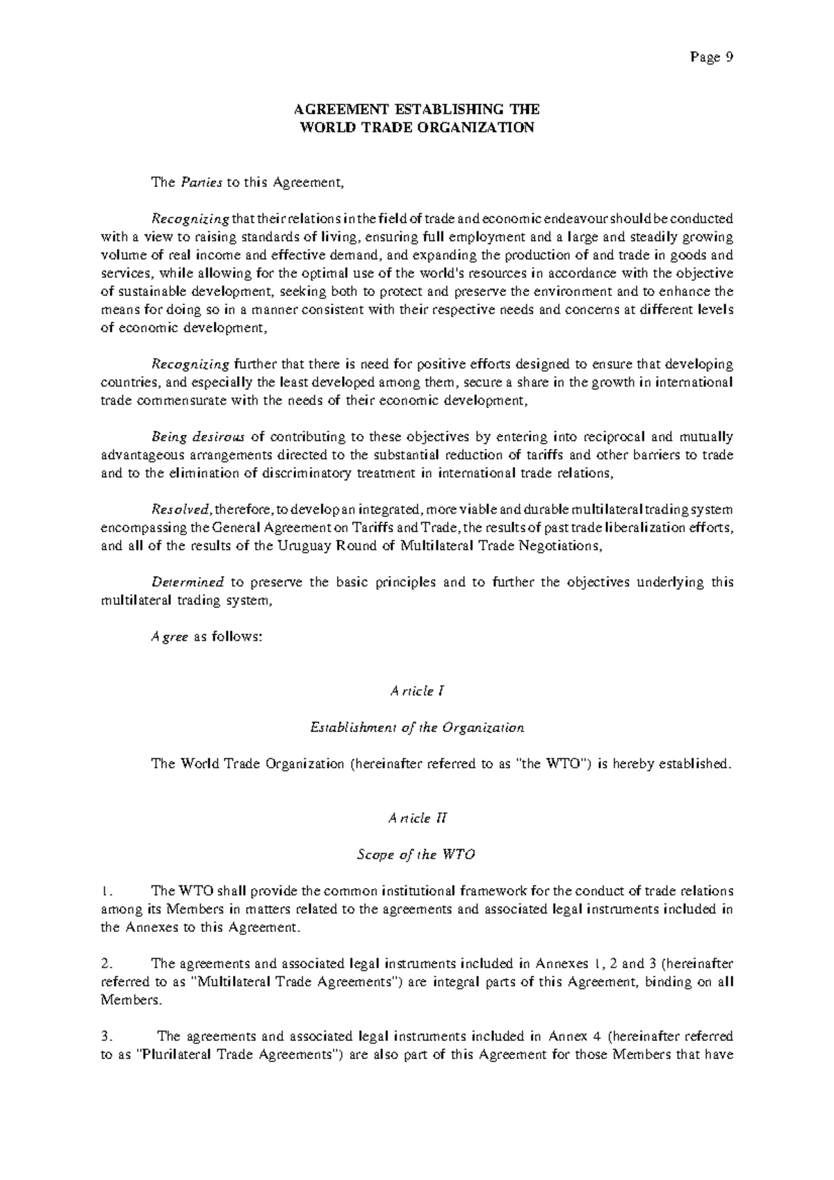 Wto Agreements international trade - AGREEMENT ESTABLISHING THE WORLD ...