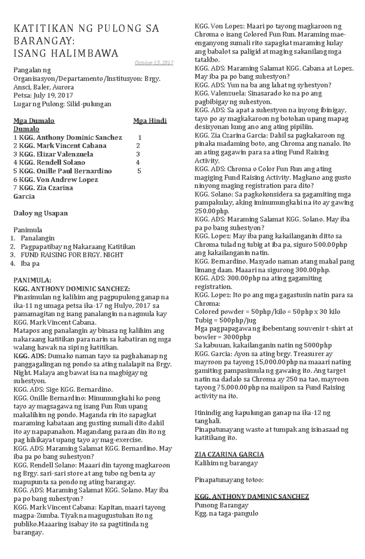 Pdfcoffee - dfhhsd - KATITIKAN NG PULONG SA BARANGAY: ISANG HALIMBAWA ...