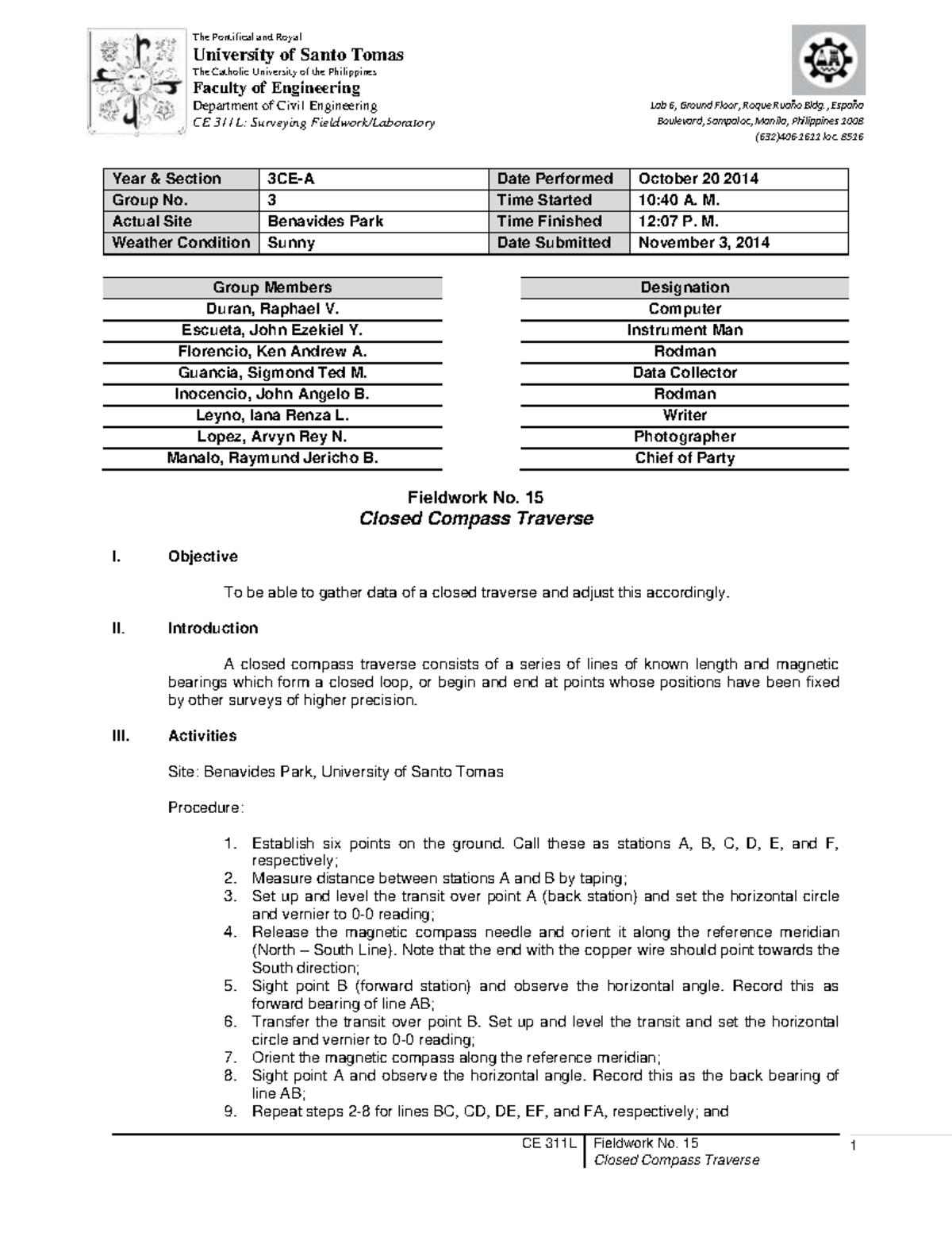Closed-compass-traverse compress - CE 311L Fieldwork No. 15 1 Year ...