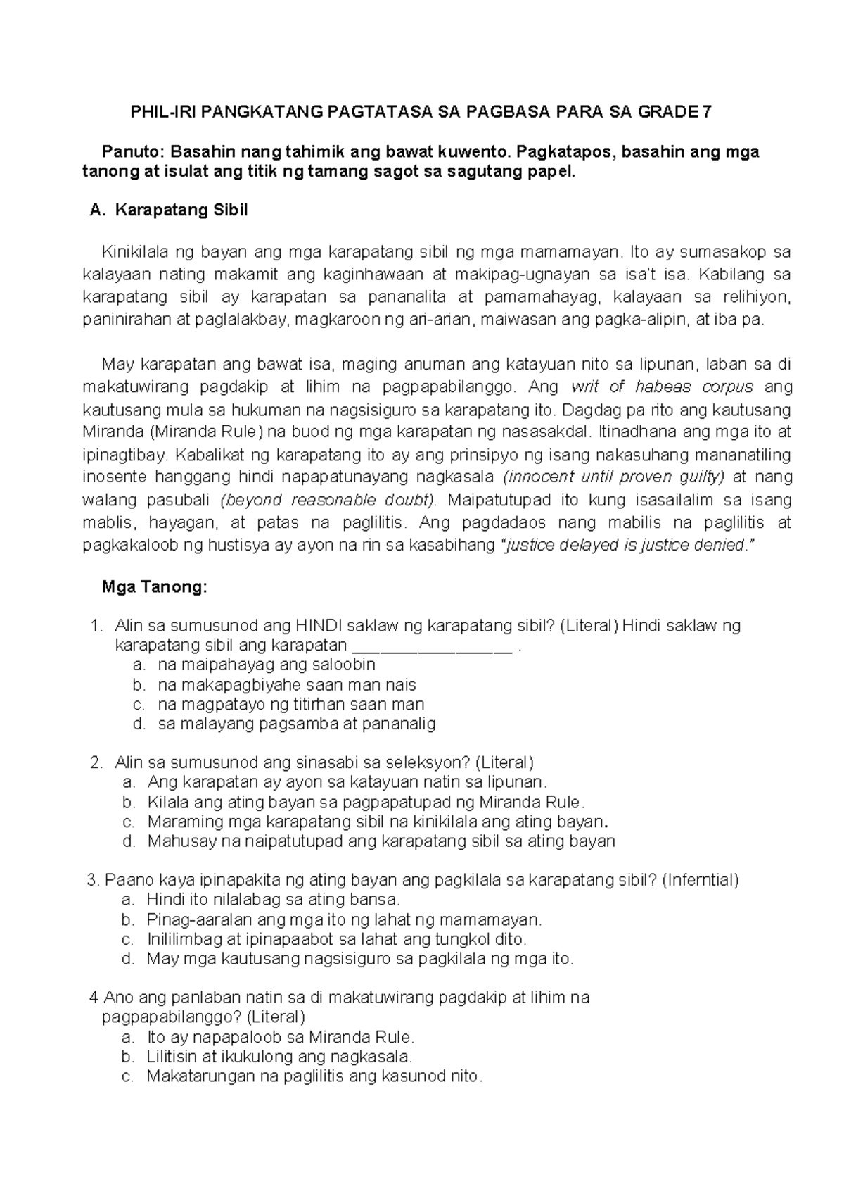 PHIL IRI Grade 7 - Guide - PHIL-IRI PANGKATANG PAGTATASA SA PAGBASA ...