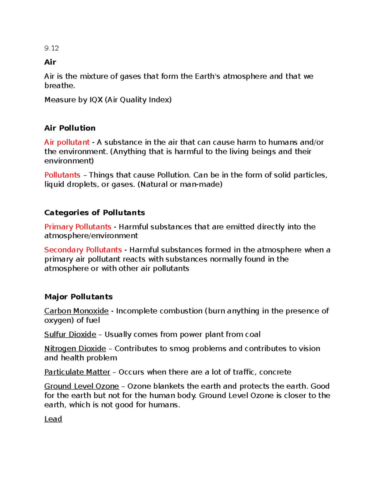 9.12 Air Pollution - Air Air is the mixture of gases that form the ...