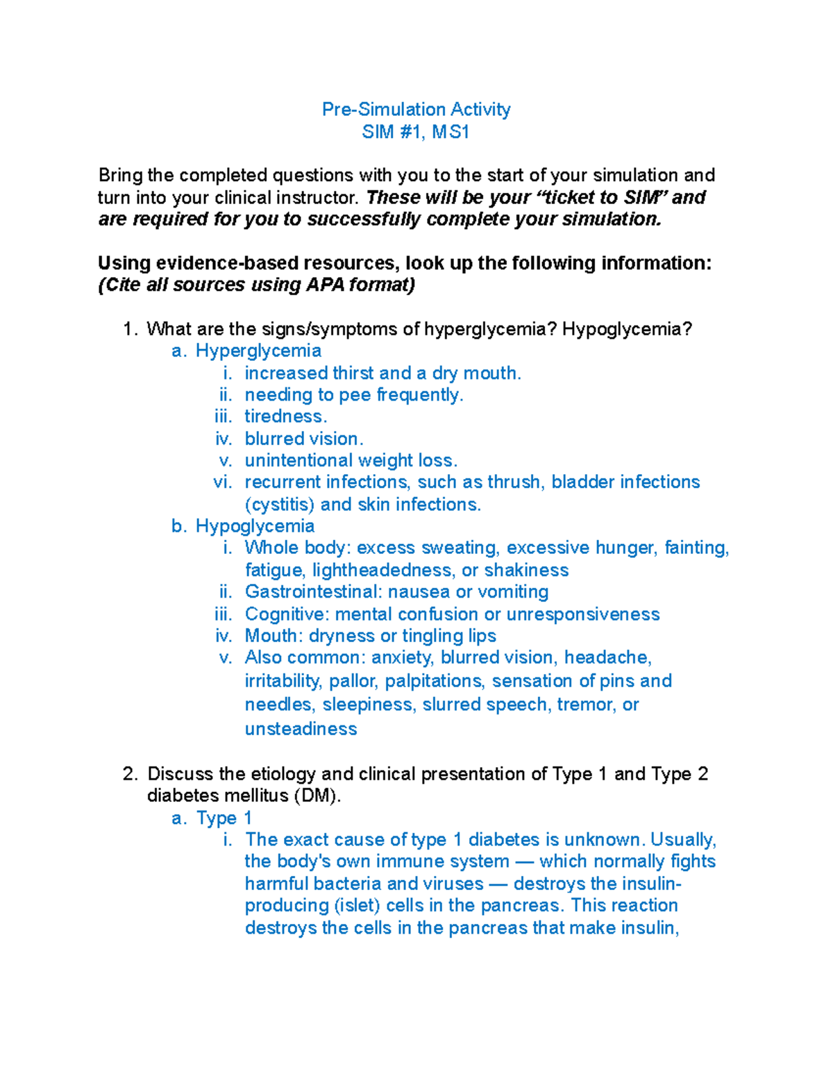 Pre-sim 2 activity - diabetes practice - Pre-Simulation Activity SIM #1 ...
