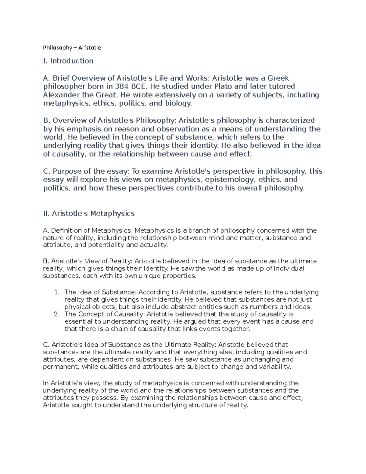 Philosophy – Aristotle - Philosophy – Aristotle I. Introduction A ...