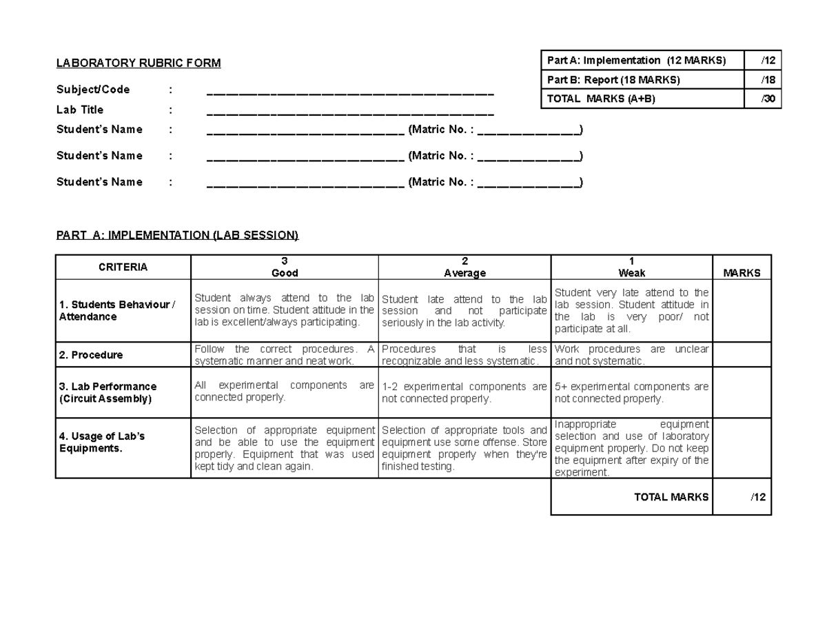 Lab Rubric 30 marks - For Lab session markings and can further modified ...