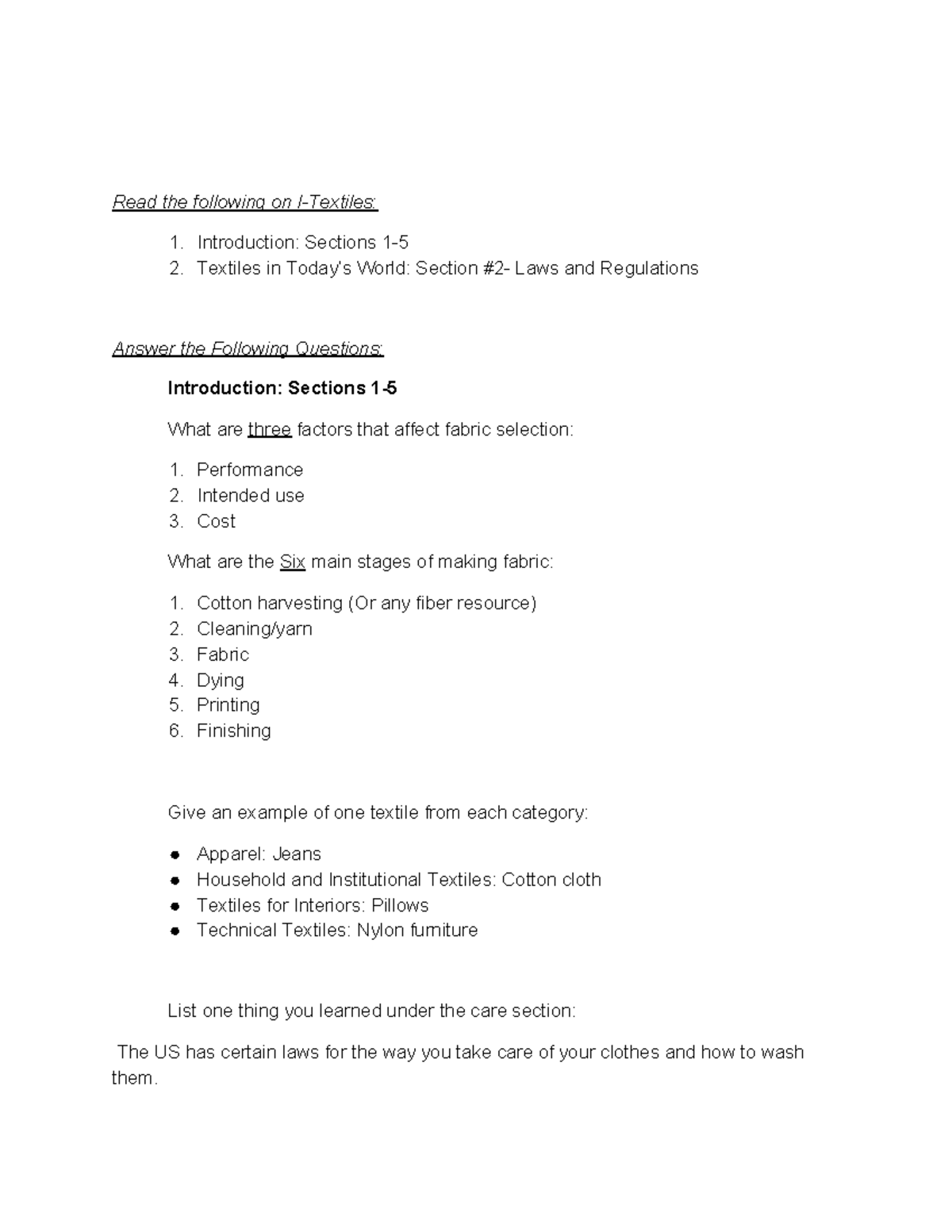 Homework 1 from the textiles online book - Read the following on I ...