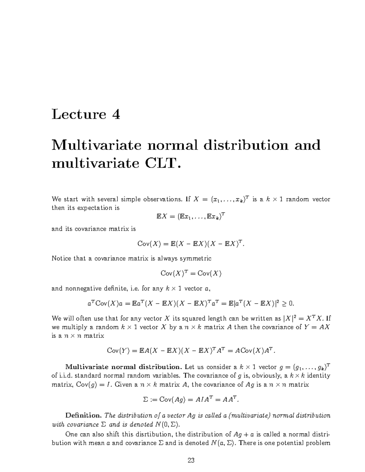 Lecture 4 Multivariate Normal Distribution And Clt Lecture 4