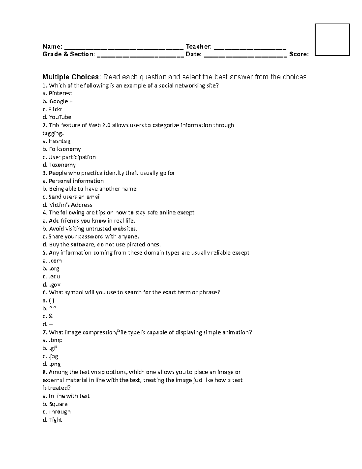 LONG QUIZ EMP TECH G-11 - LONG QUIZ - Name ...