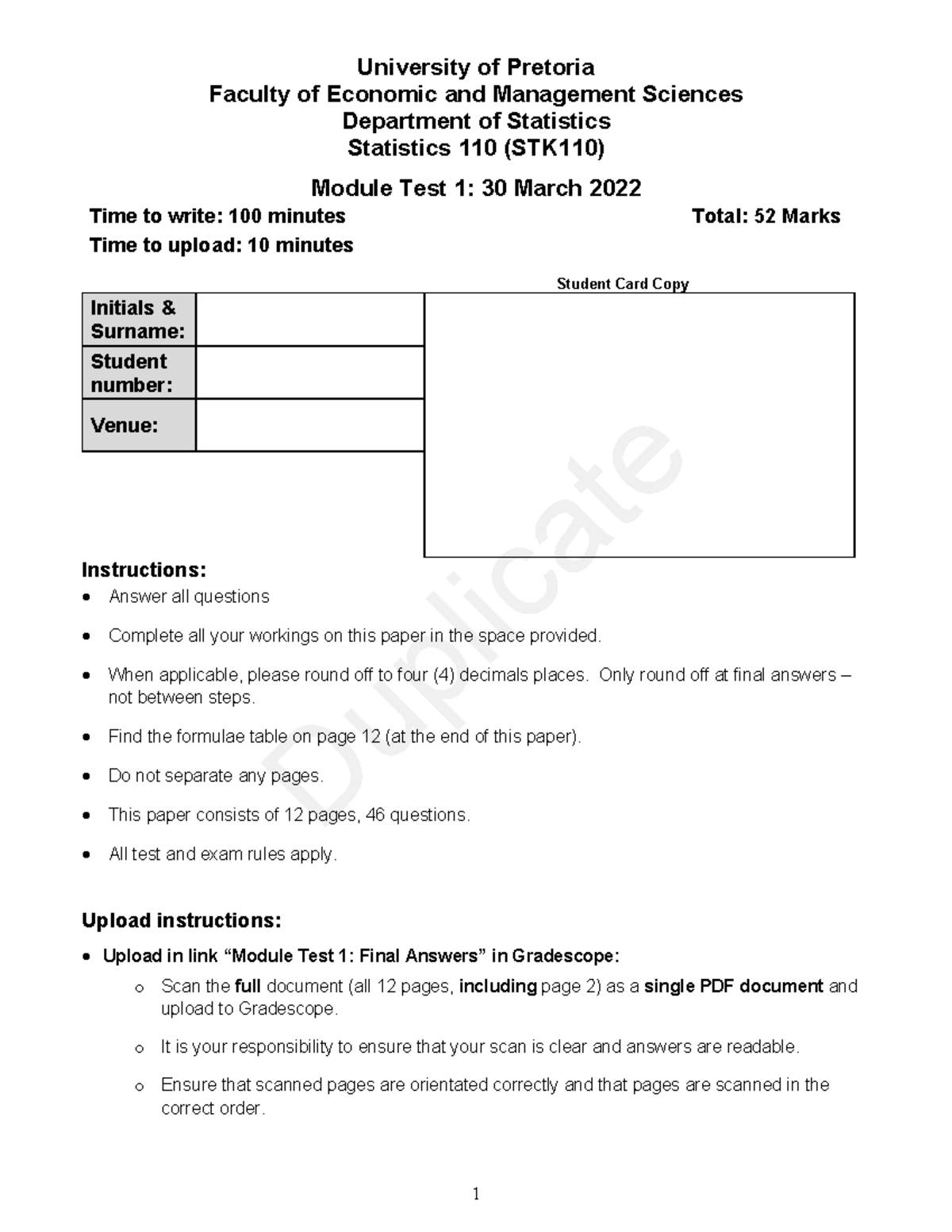 STK110 - Module Test 1 Duplicate Copy - University of Pretoria Faculty ...