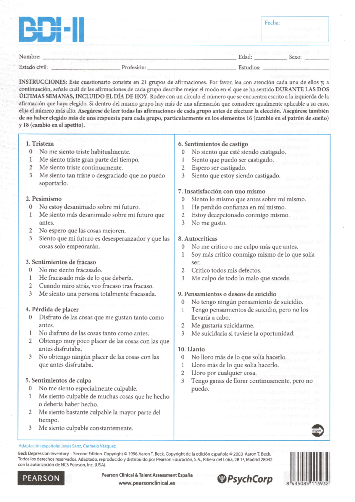 BDI-II Protocolo - Instrumento para medir depresion - Evaluación ...
