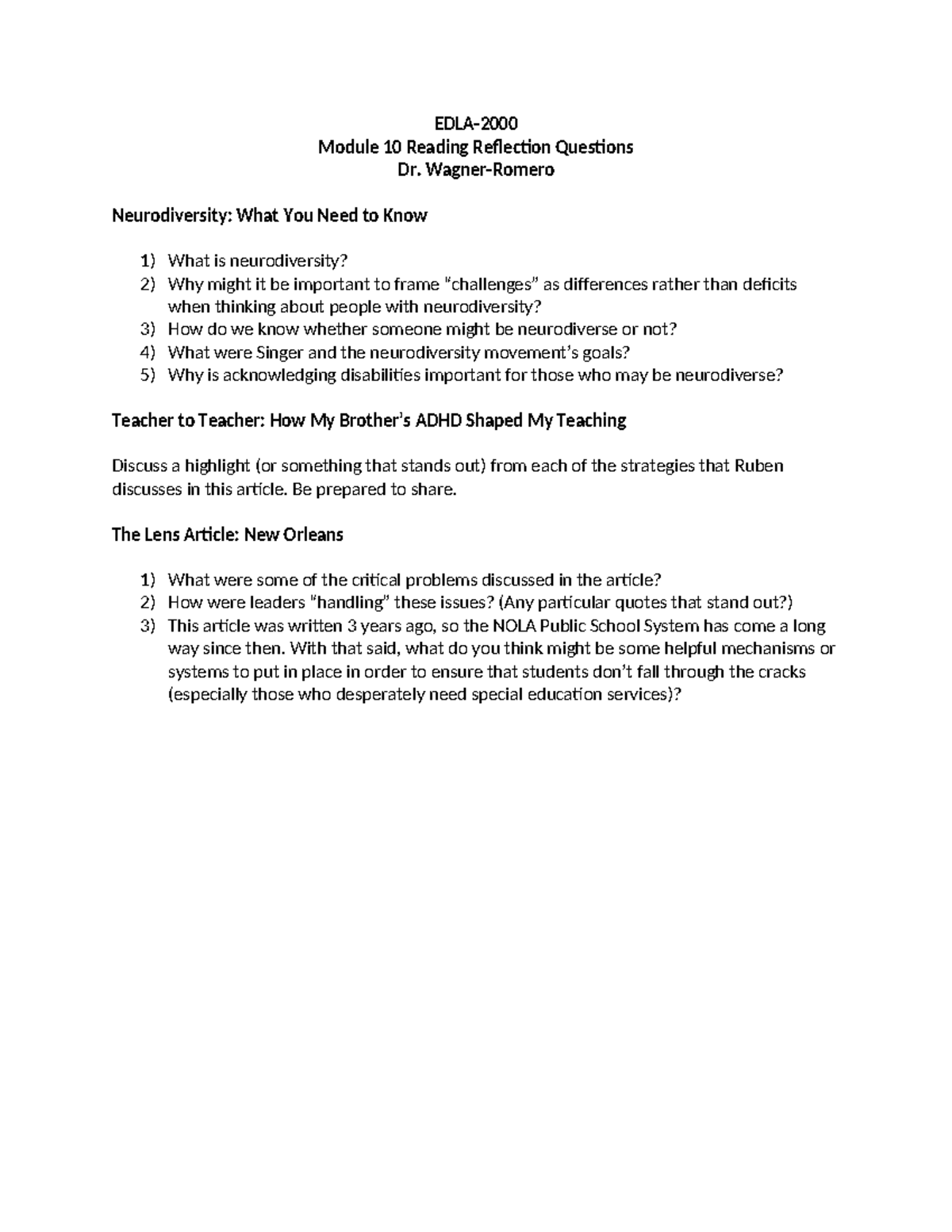 EDLA 2000 - Module 10 Reading Reflection Questions - EDLA- Module 10 ...
