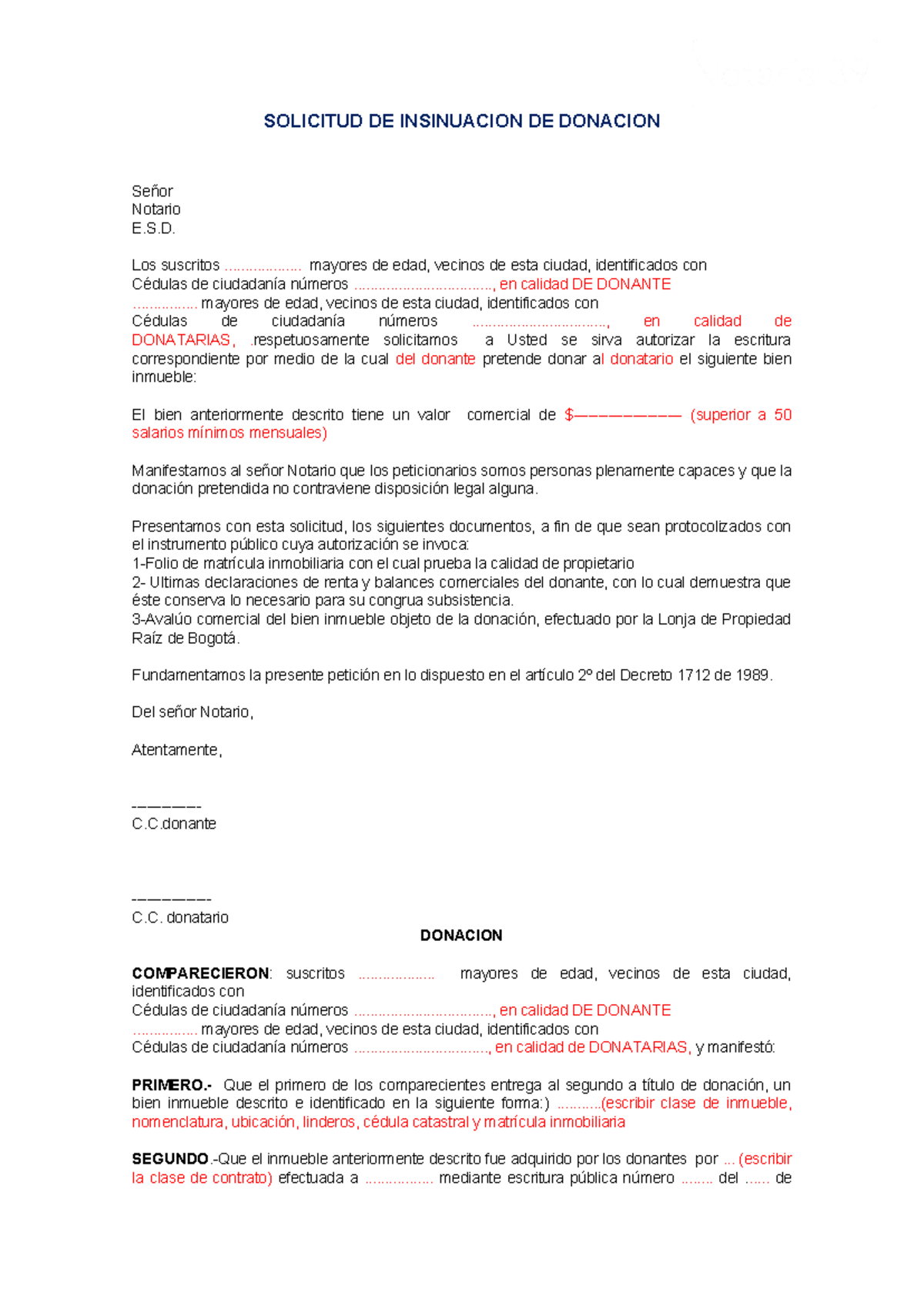 Formato-Donación - SOLICITUD DE INSINUACION DE DONACION Señor Notario E ...