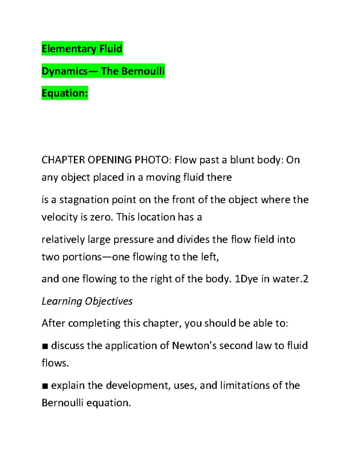 Elementary Fluid DYnamics - Bernoulli Equation - Elementary Fluid ...