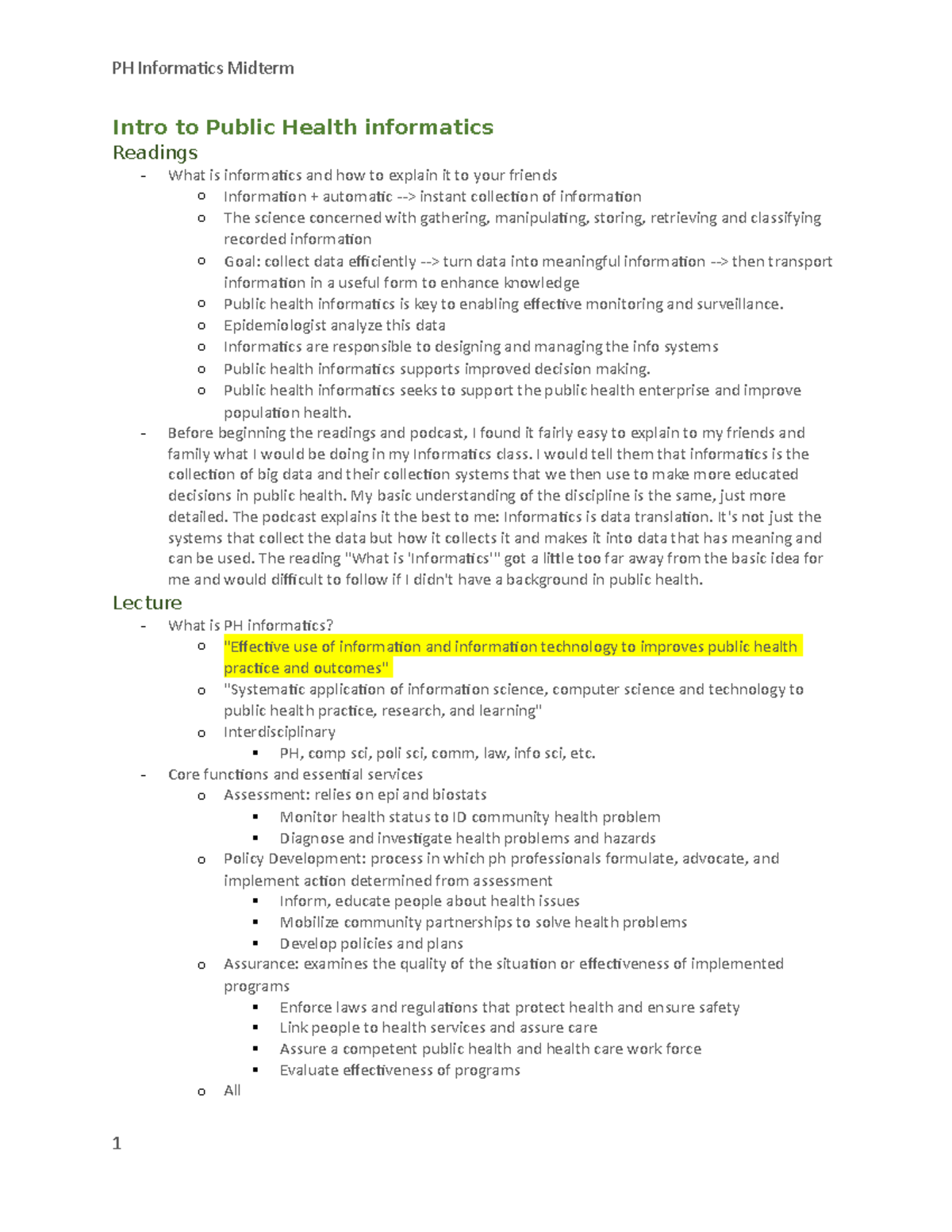 Midterm - PH Informatics Midterm Intro to Public Health informatics ...