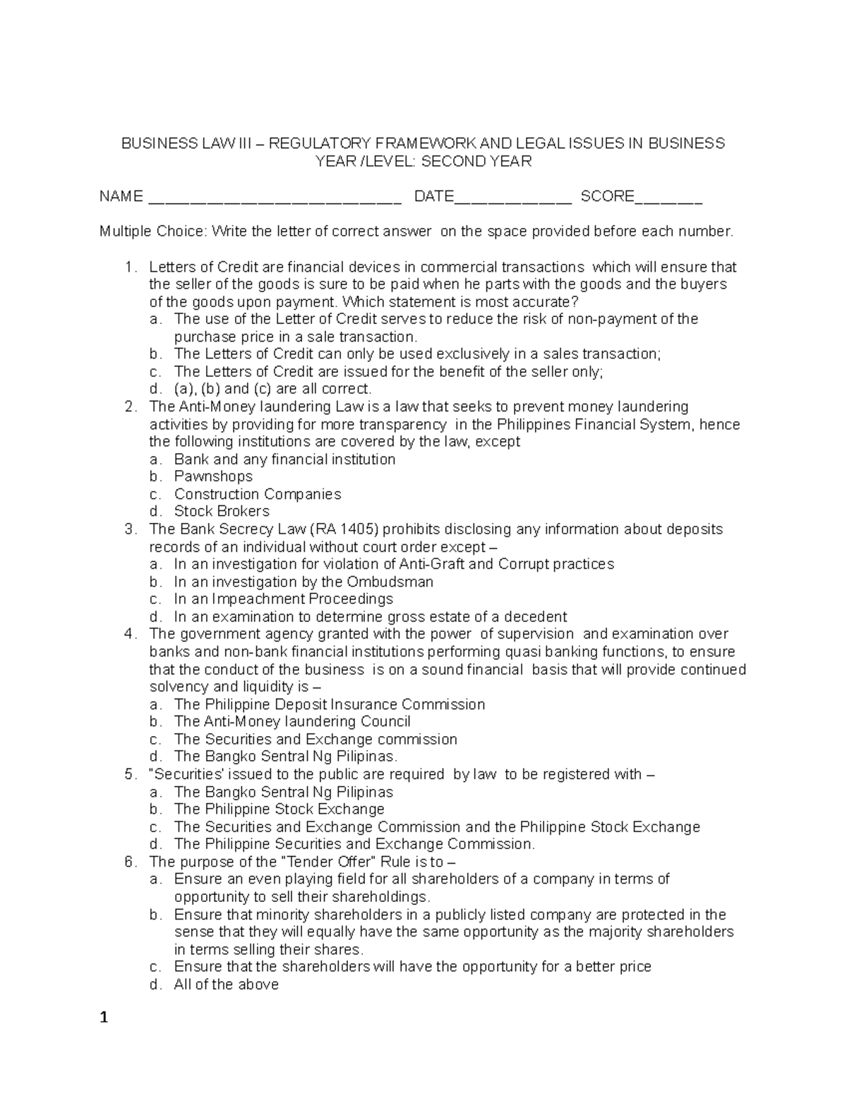 LCC Regulatory Framework and Legal Issues In Business - BUSINESS LAW ...