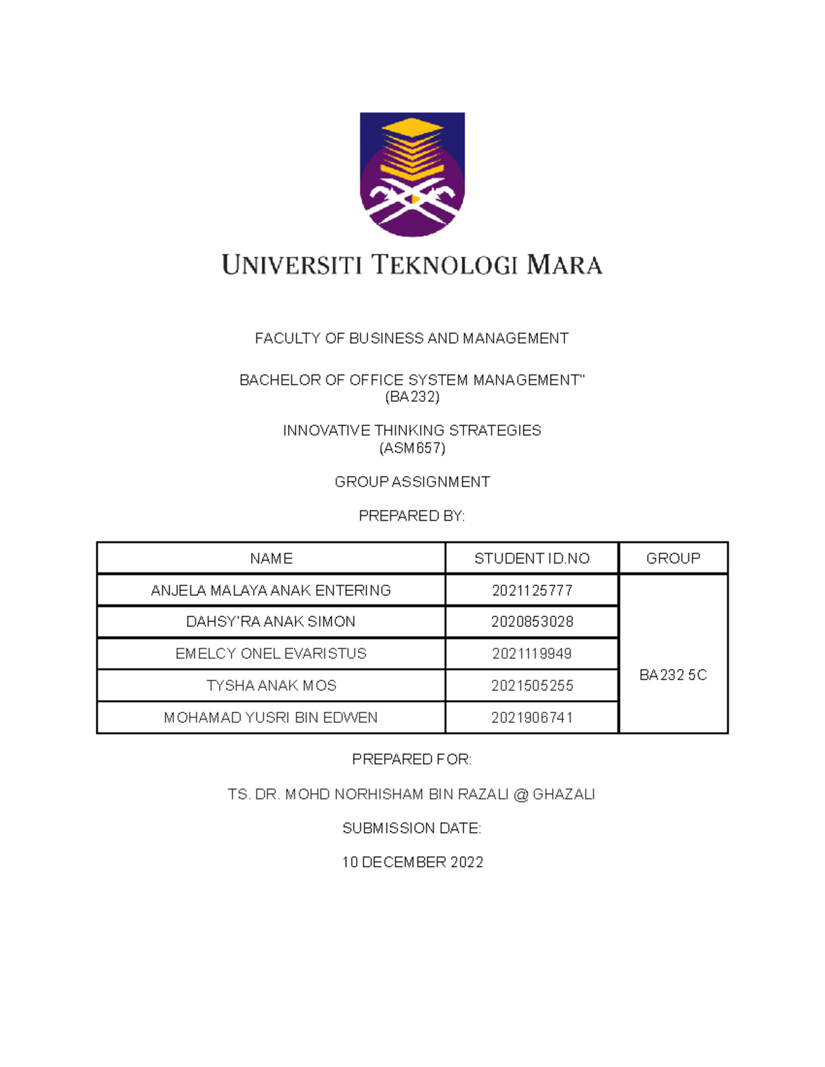 Asm 657 Introduction - Sample - FACULTY OF BUSINESS AND MANAGEMENT ...
