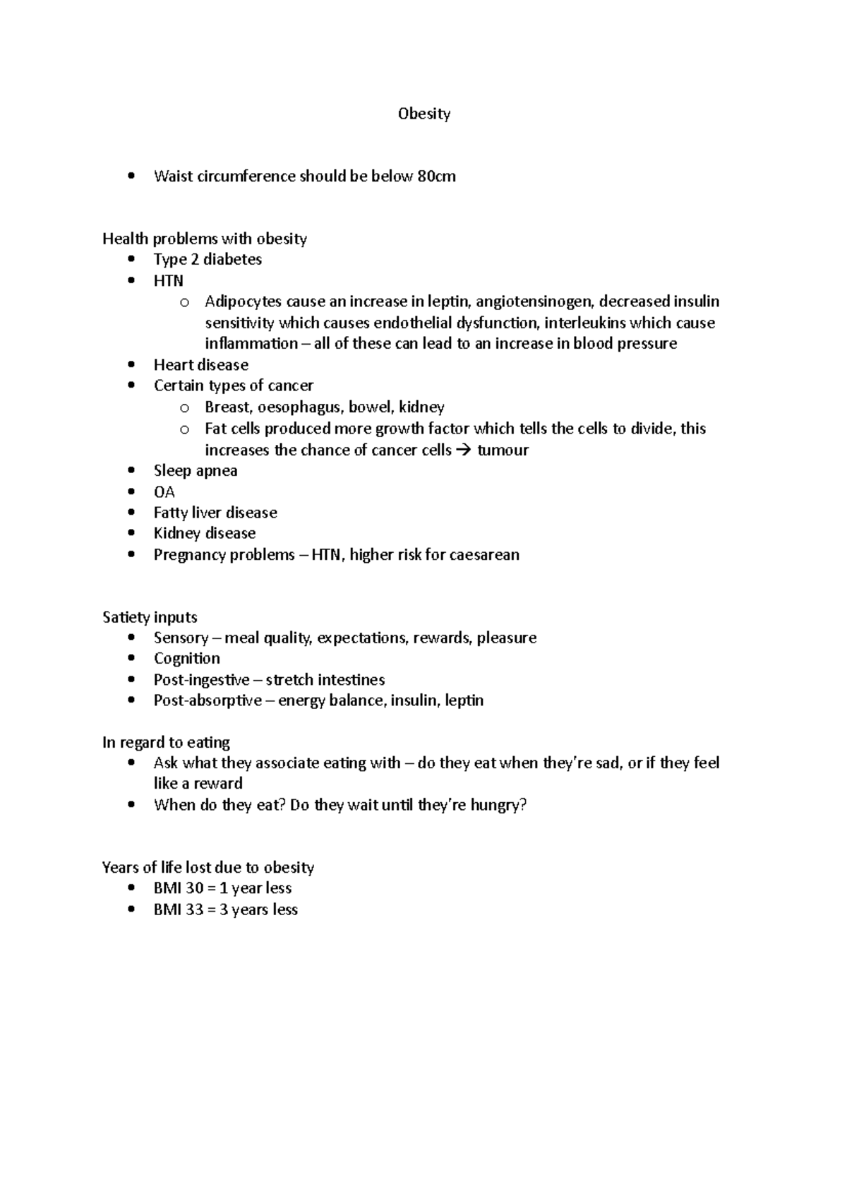 Obesity - brief outline of week 4 notes - Obesity Waist circumference ...