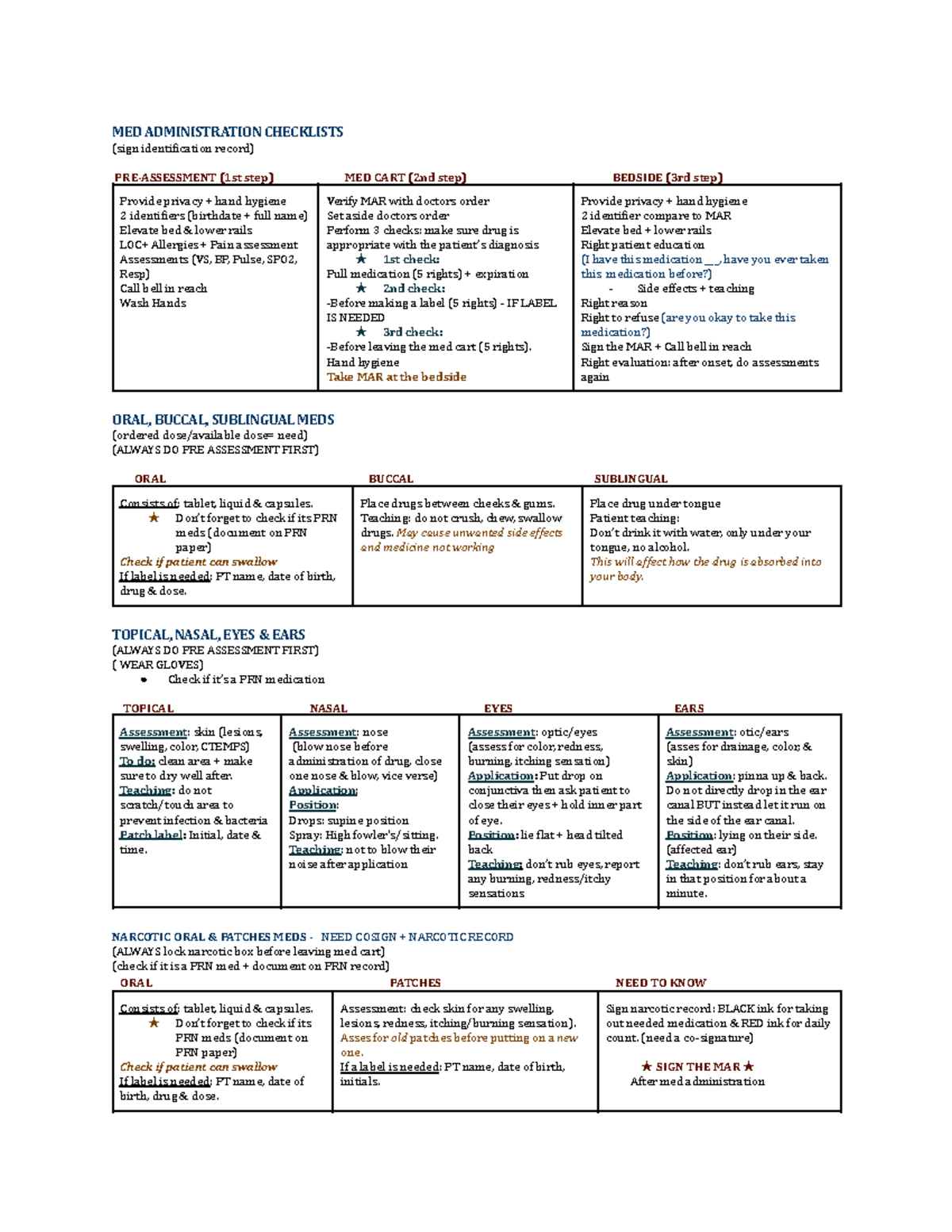 Med Administration Checklist: Steps and Procedures - Studocu