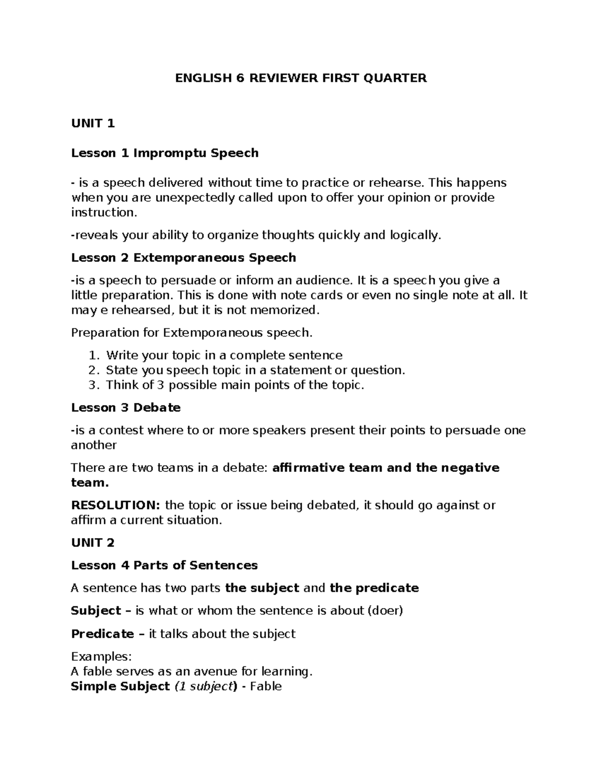 English 6 Reviewer First Quarter - ENGLISH 6 REVIEWER FIRST QUARTER ...
