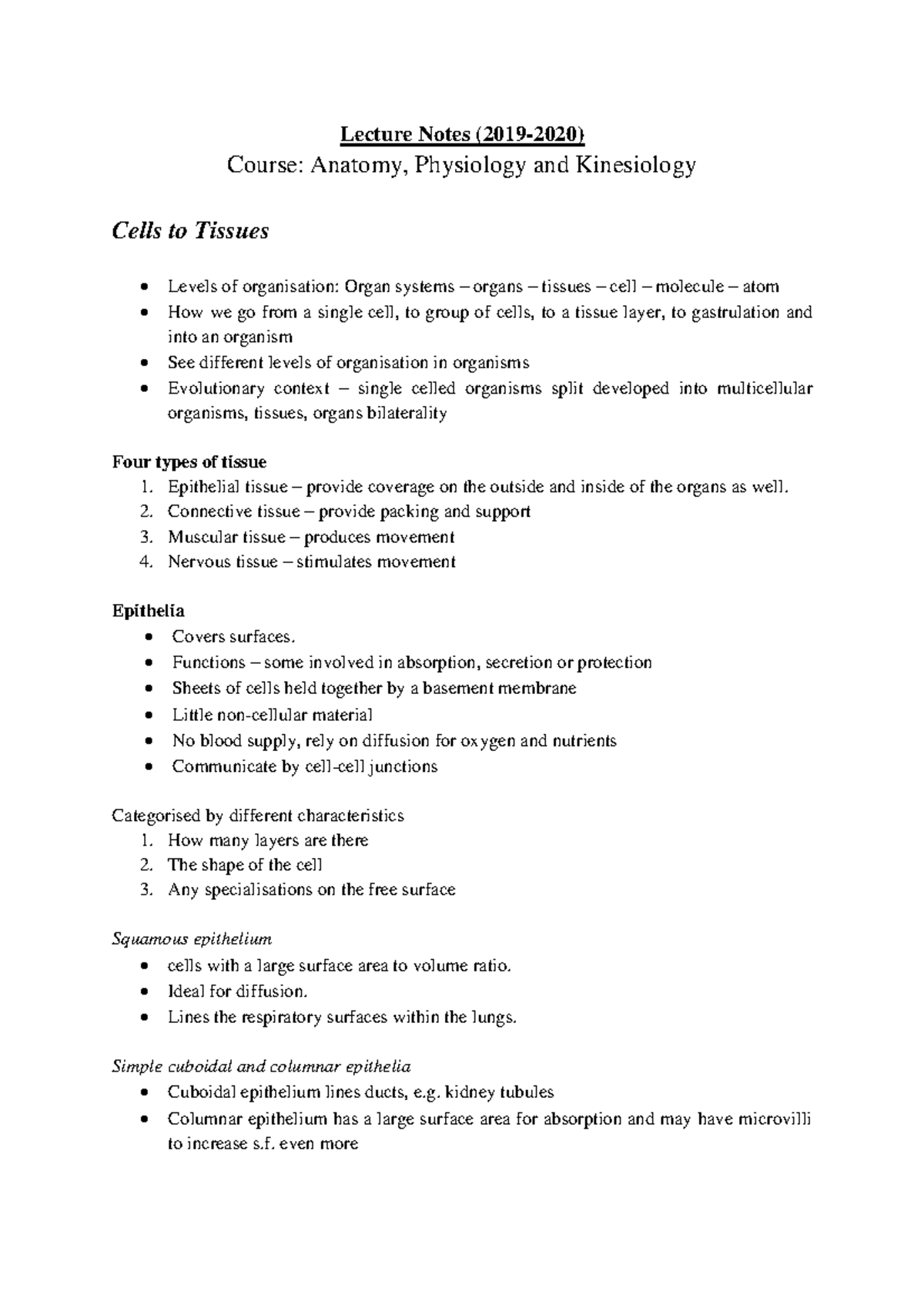 Anatomyphysiologykinesiology lecturenotes lectures 1to12 2019 2020 ...