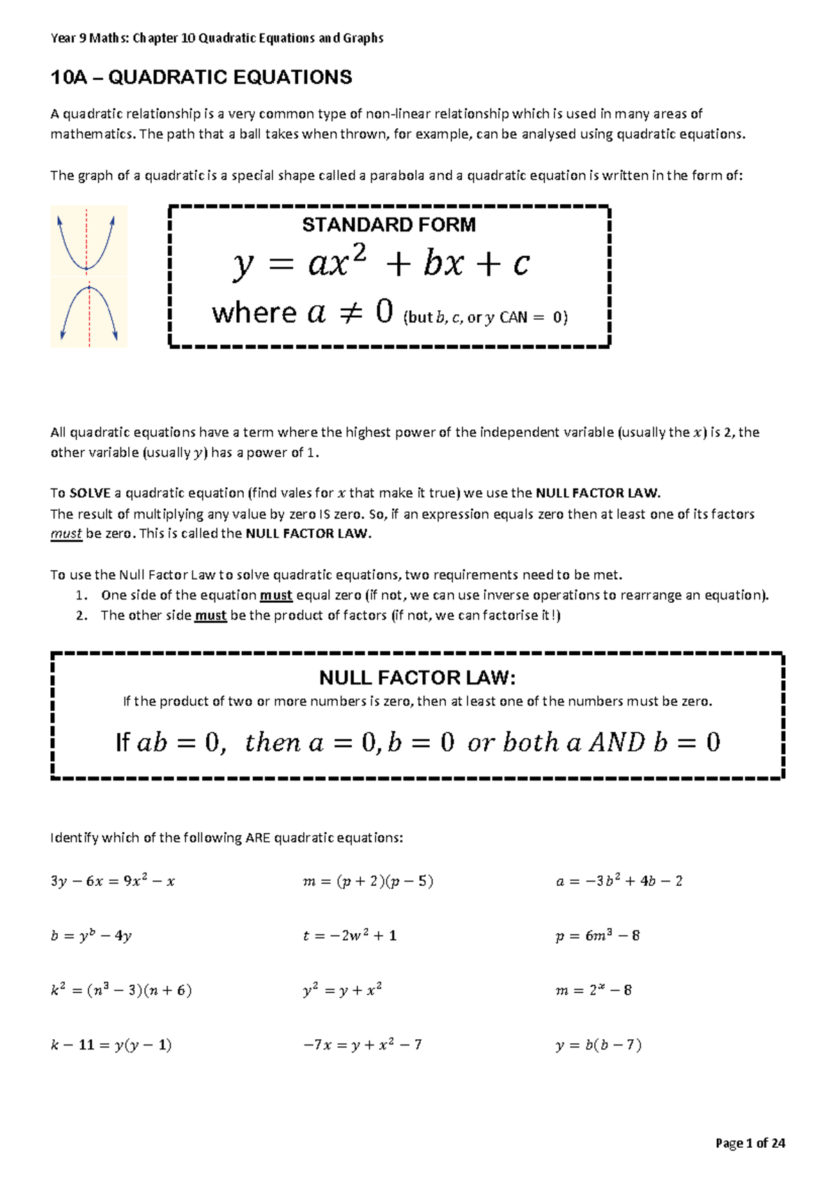 2021 Chapter 10 Quadratic Equations and Graphs Student Notes ...