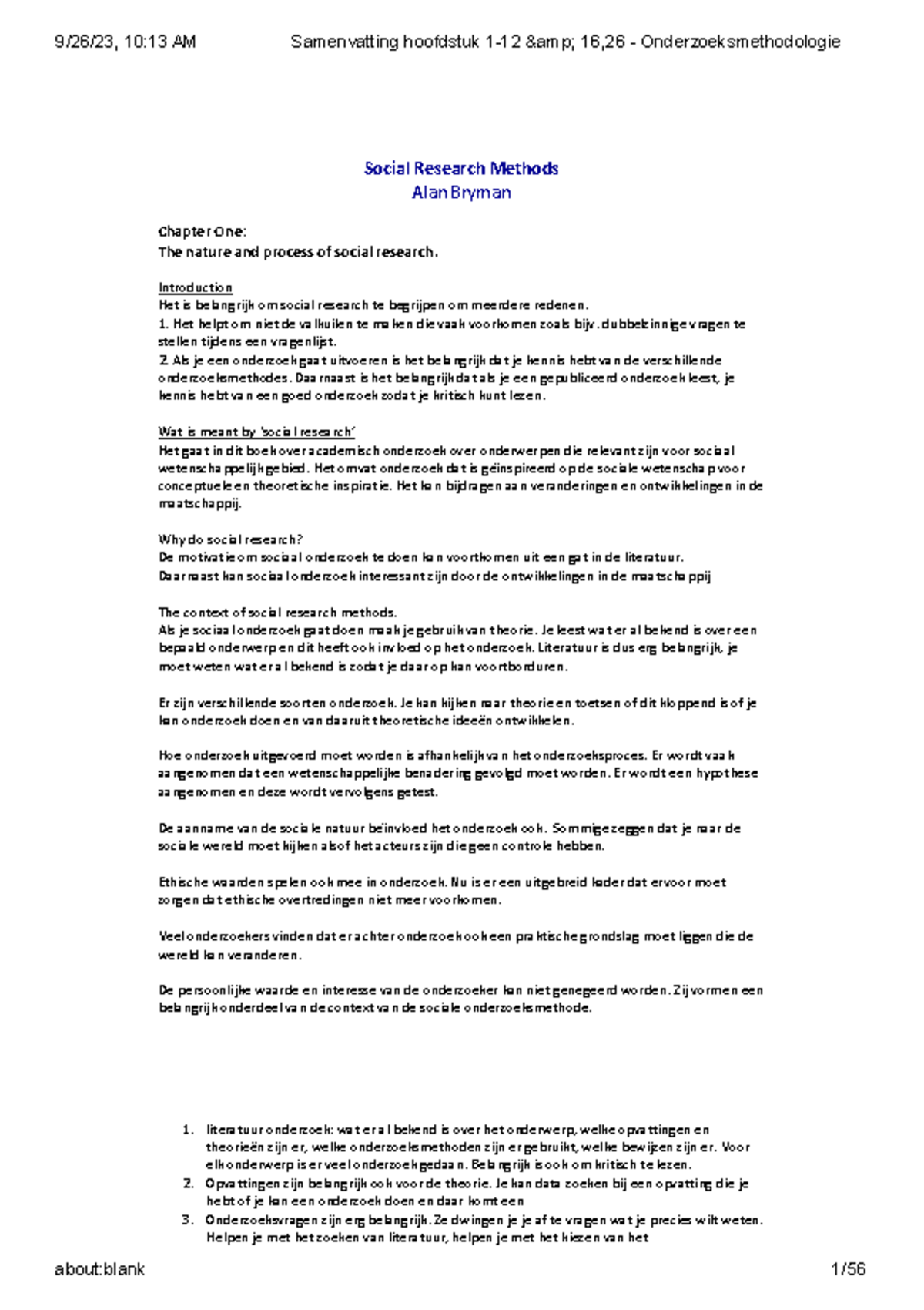 Samenvatting hoofdstuk 1-12 & 16,26 - Onderzoeksmethodologie - 1 Social ...