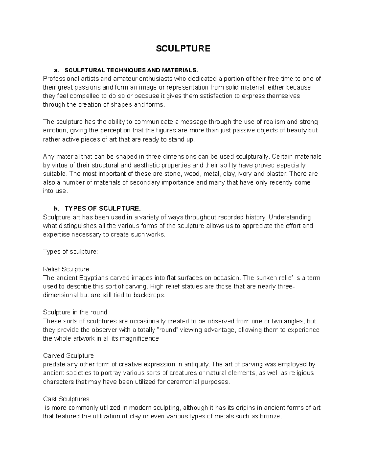 Sculpture - It's Art description - SCULPTURE a. SCULPTURAL TECHNIQUES ...