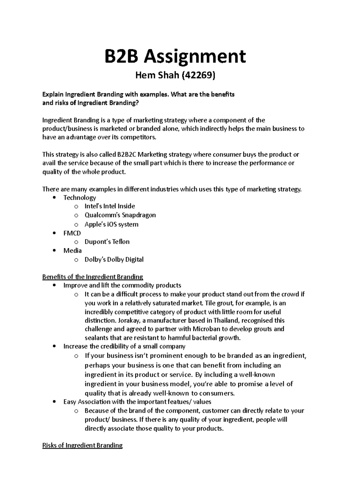 B2B Assignment | Ingredient Marketing - B2B Assignment Hem Shah (42269 ...