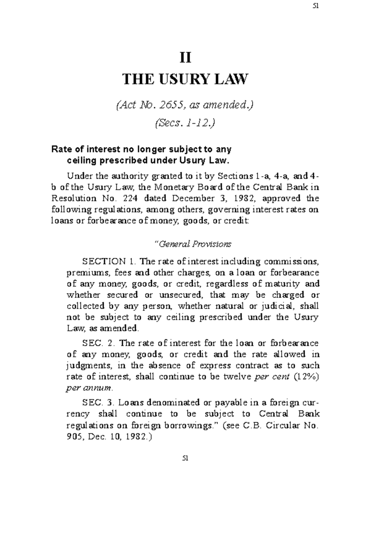 Usury Law - Lecture notes 1 - II THE USURY LAW (Act No. 2655, as ...