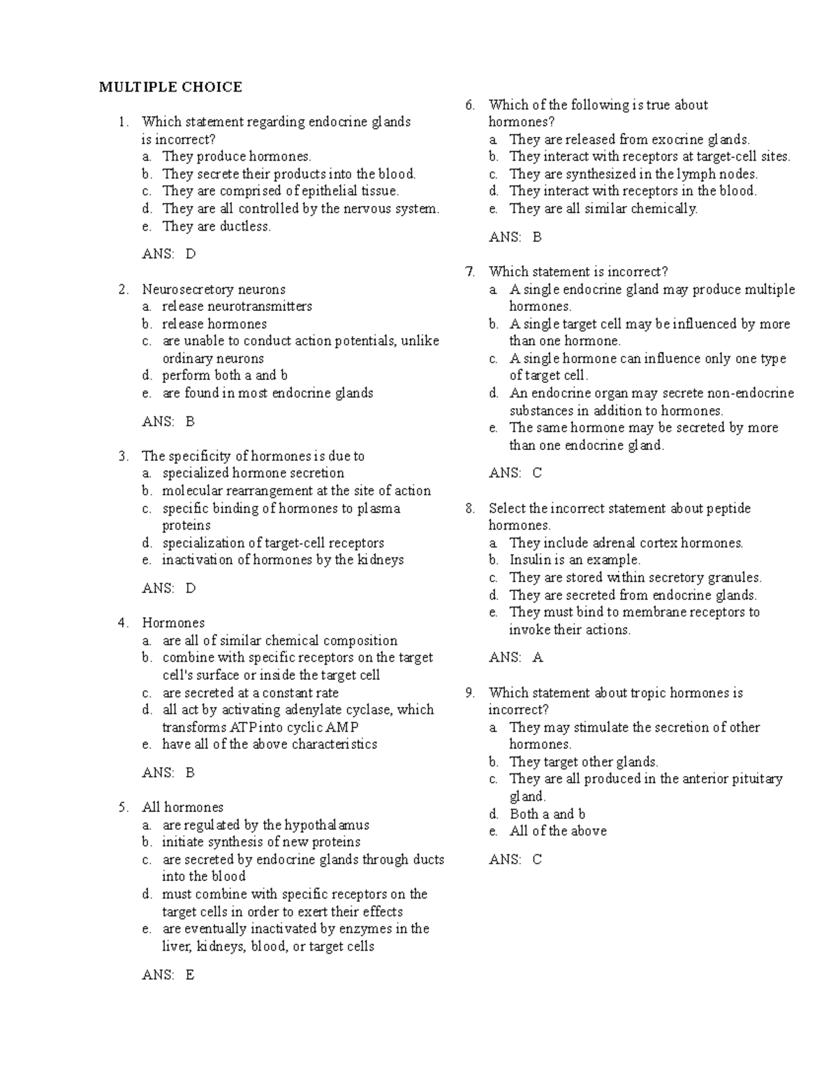 MCQ Endocrinology - MULTIPLE CHOICE Which statement regarding endocrine ...