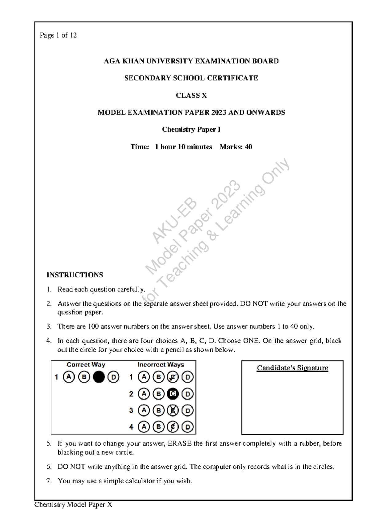 Chemistry Model Paper X (Paper I) - AKU-EB Model Paper 2023 for ...
