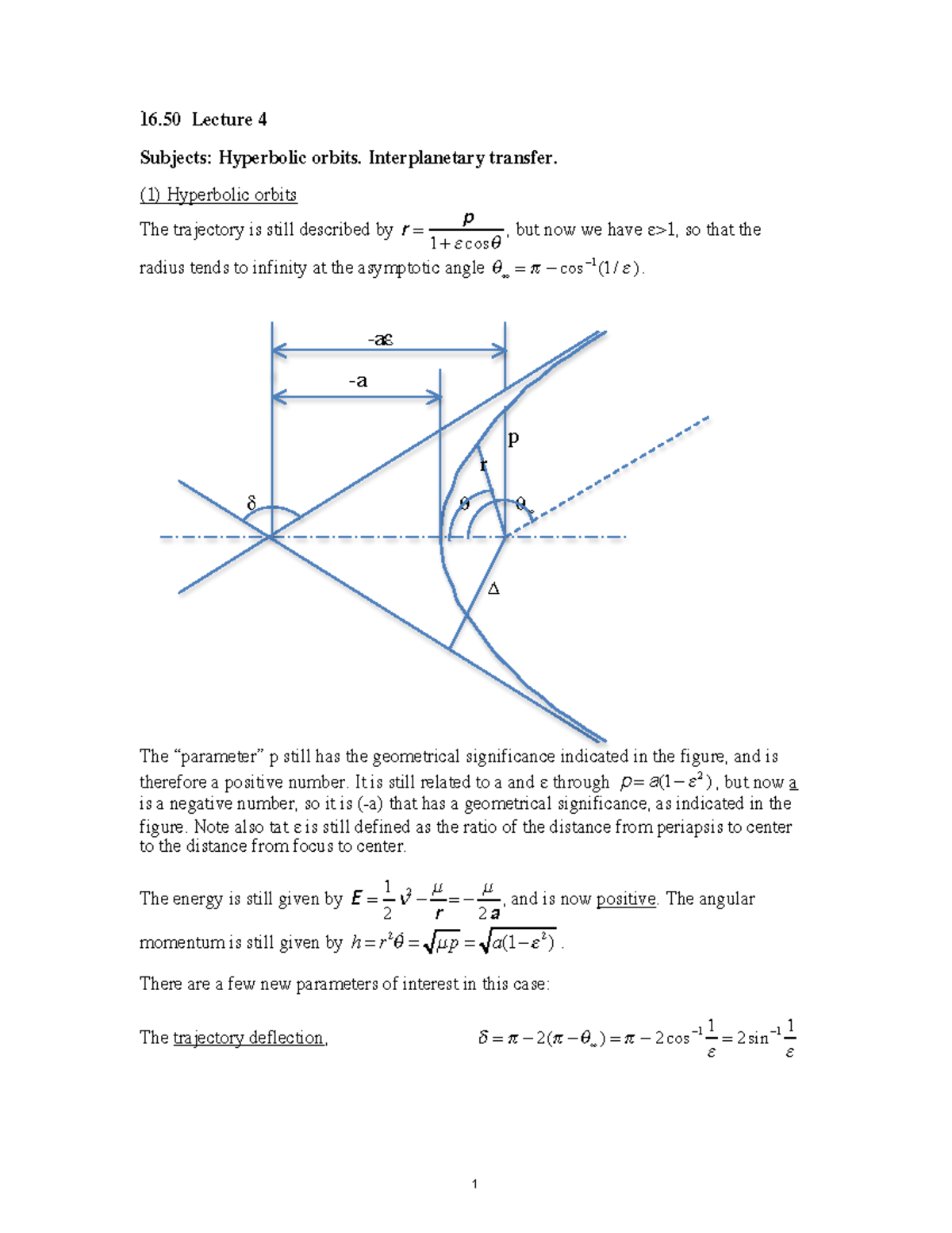 Propulsion chapter 4 - 16 Lecture 4 Subjects: Hyperbolic orbits. Interplanetary transfer. (1 ...