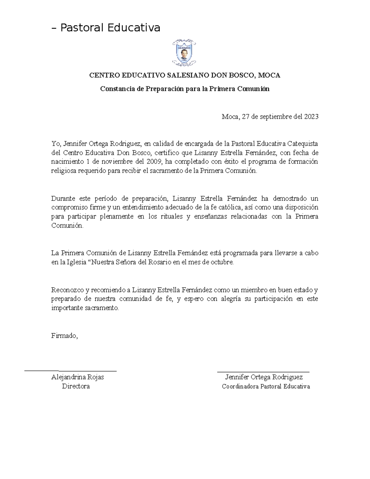 Constancia de Preparación para la Primera Comunión - – Pastoral Educativa CENTRO EDUCATIVO ...