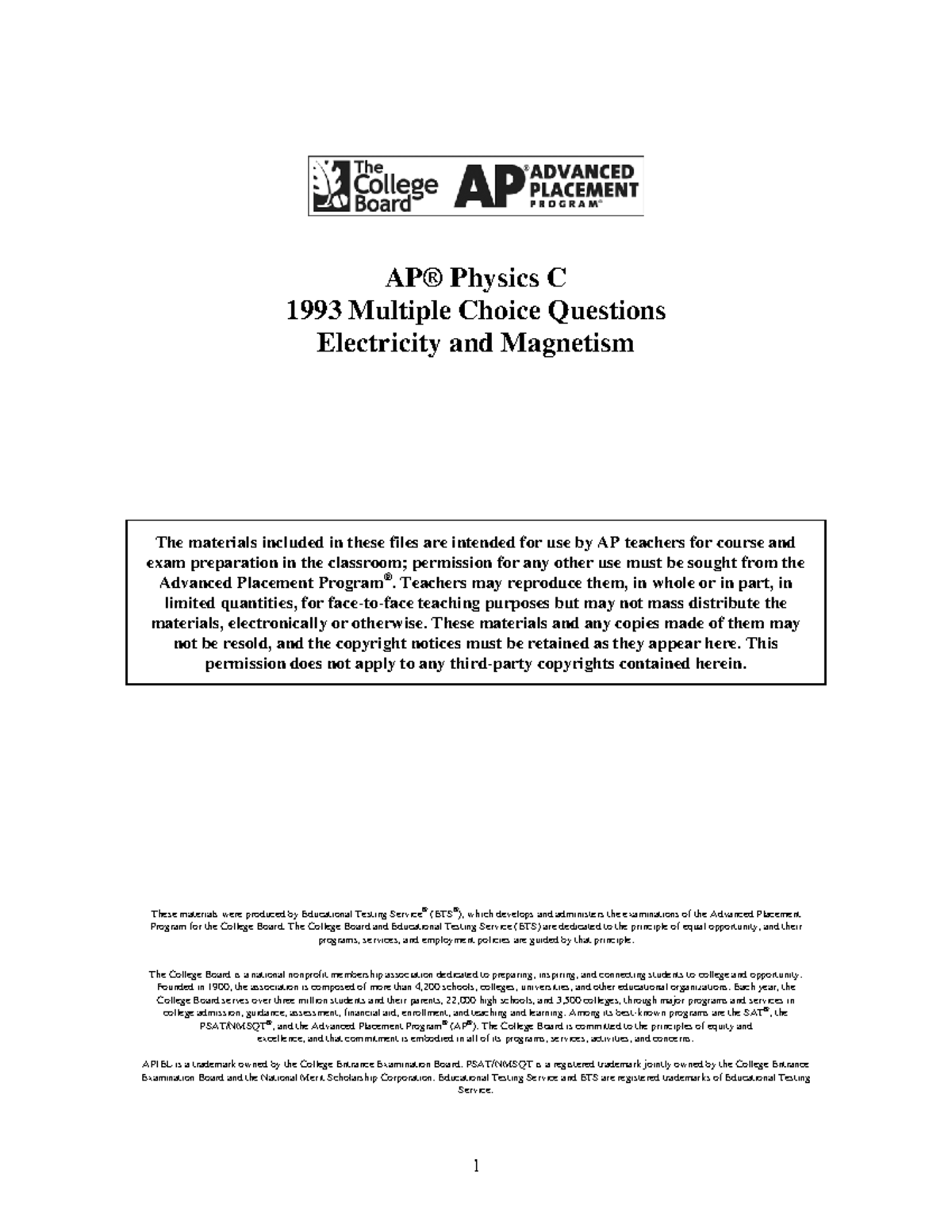 AP Phys C E&M 1993 - AP Phys C E&M 1993 practice exam - AP® Physics C ...