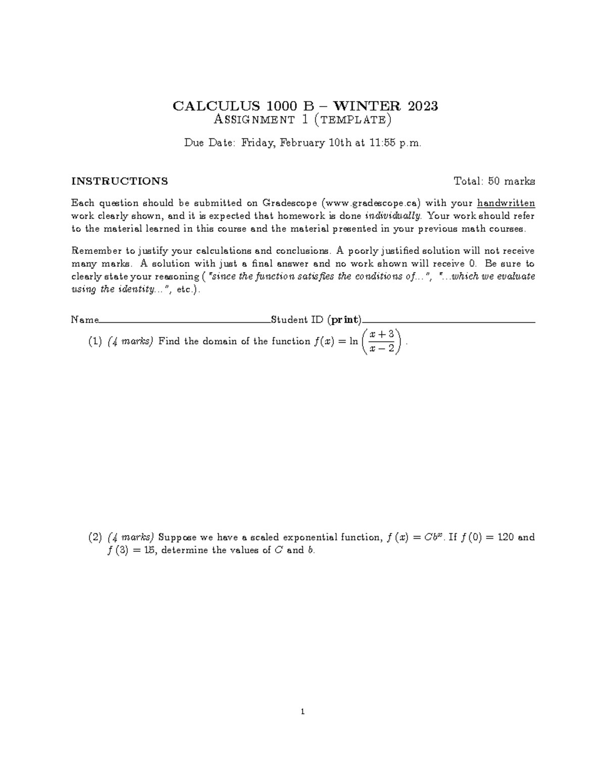 Assignment 1 template - Note - CALCULUS 1000 B ñ WINTER 2023 Assignment ...