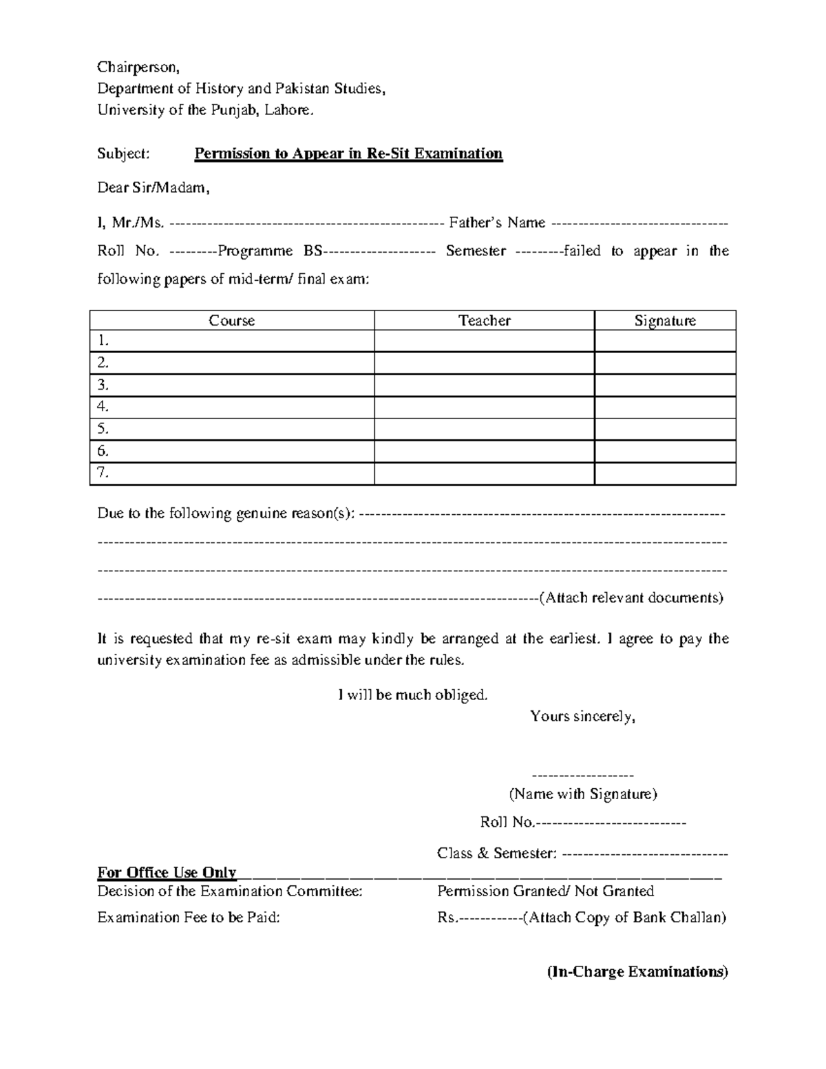 Application for Re-sit Exam - Chairperson, Department of History and ...