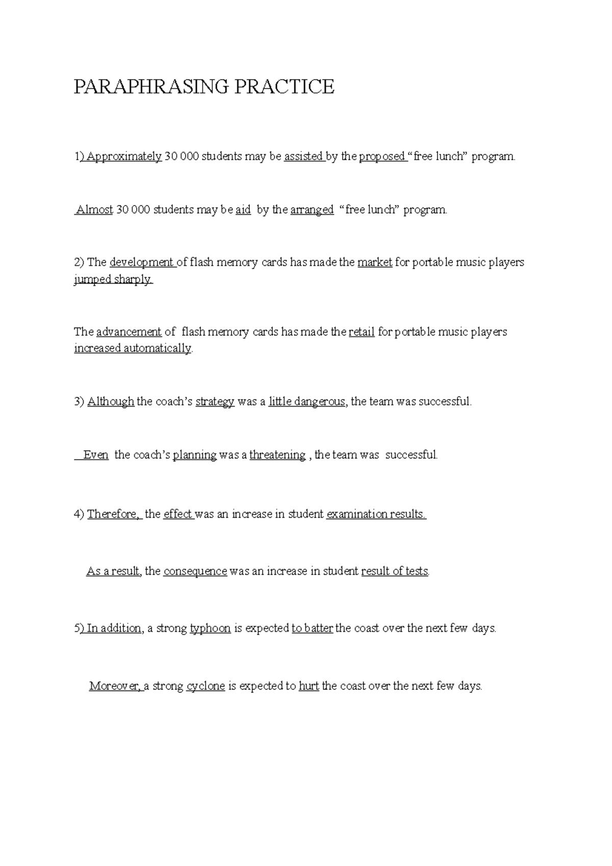 Paraphrasing Practice - PARAPHRASING PRACTICE Approximately 30 000 ...