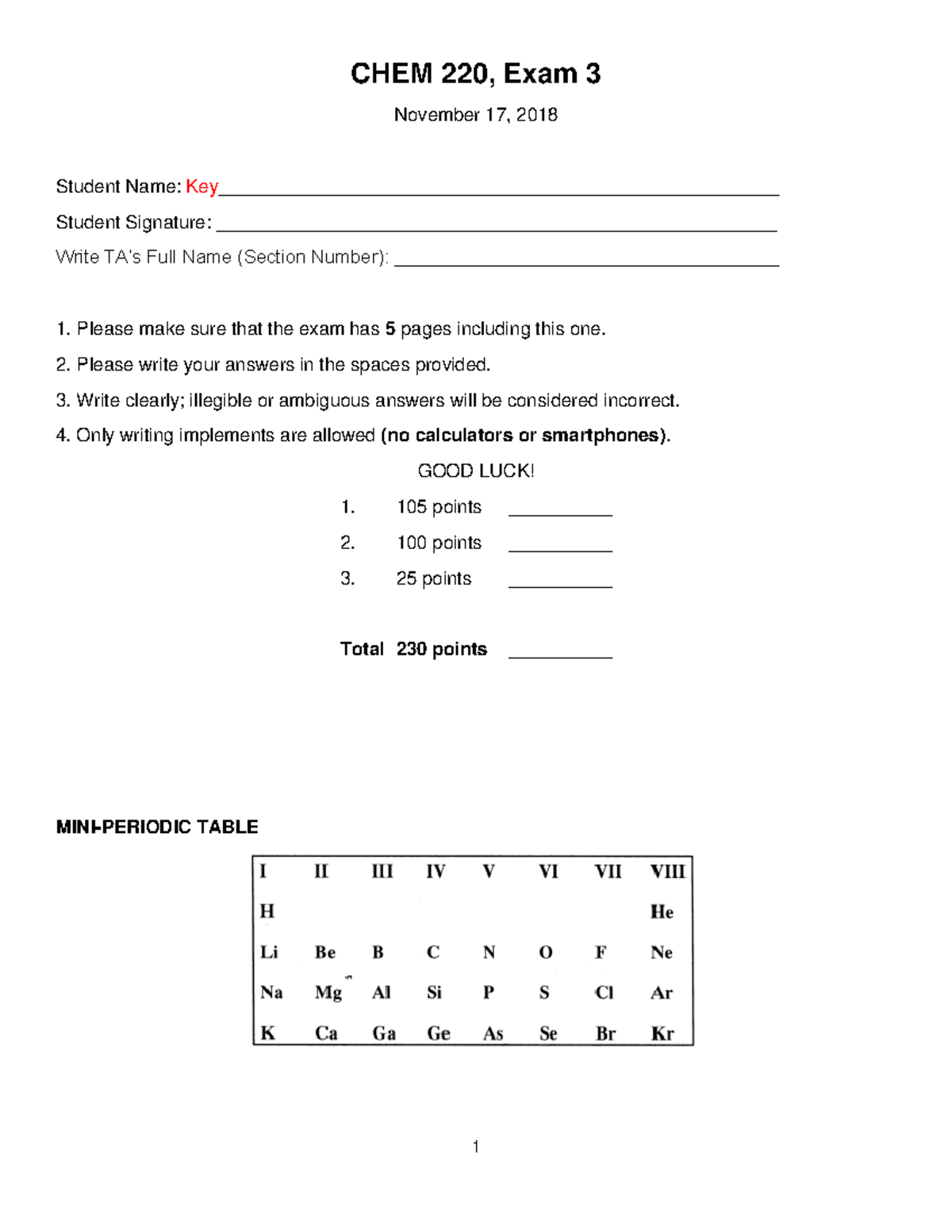 CHEM 220 F2019 Practice Exam 3 KEY - CHEM 220, Exam 3 November 17, 2018 ...