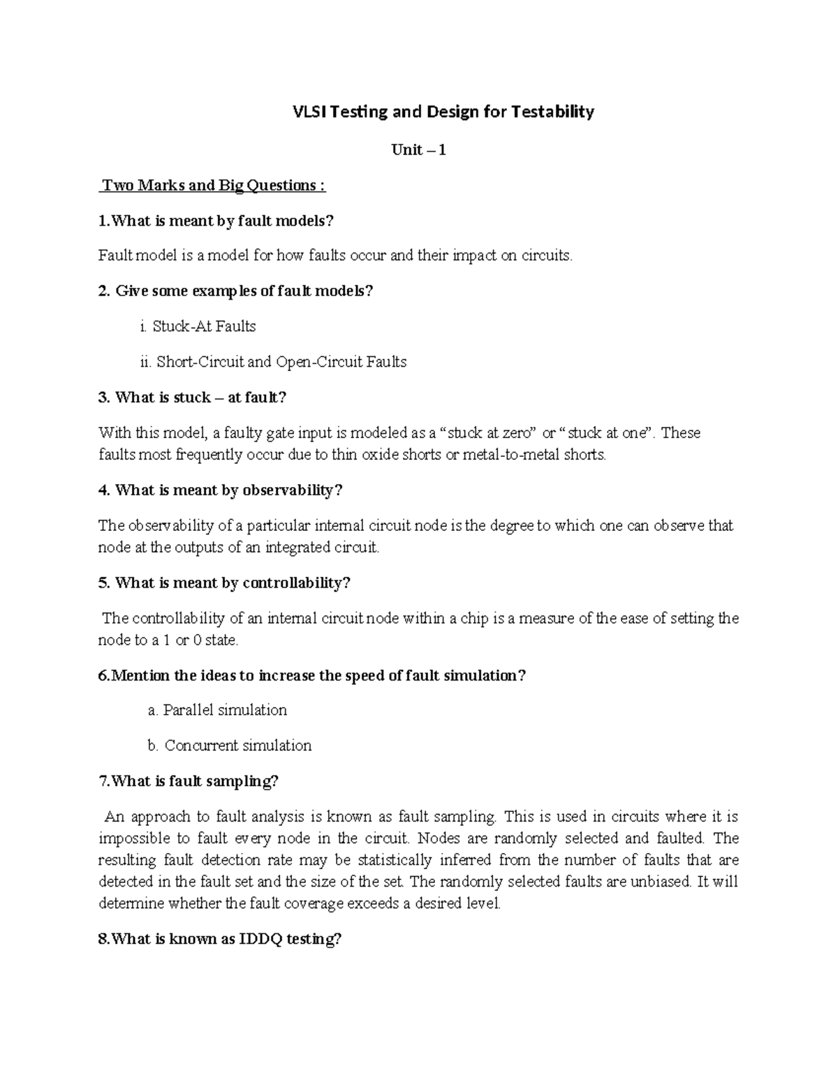 QA- Unit 1 VLSI - question bank - VLSI Testing and Design for ...