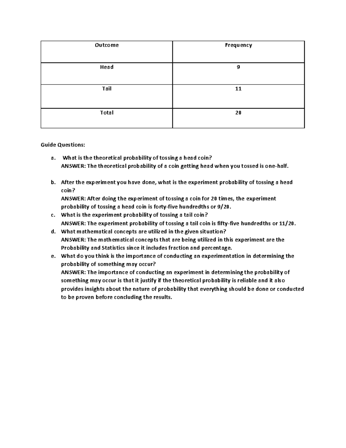 What is the theoretical probability of tossing a head coin - Outcome ...