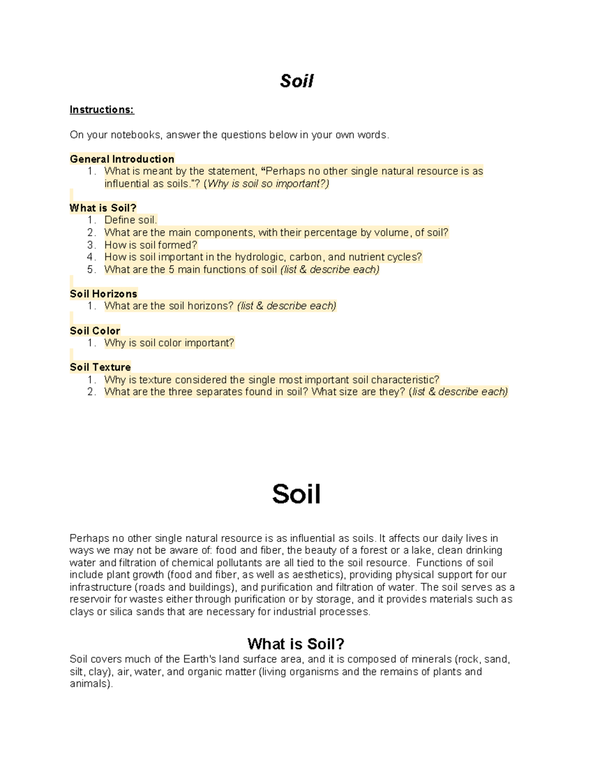 Soil info and questions - Soil Instructions: On your notebooks, answer ...