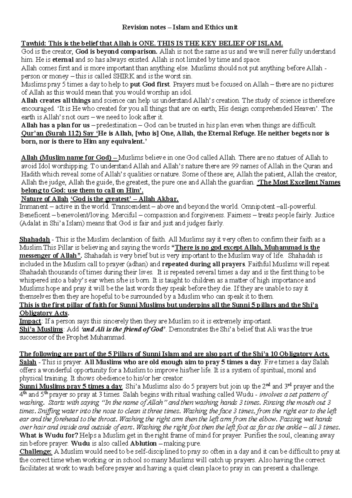 Revision notes for Islam unit - Revision notes – Islam and Ethics unit ...