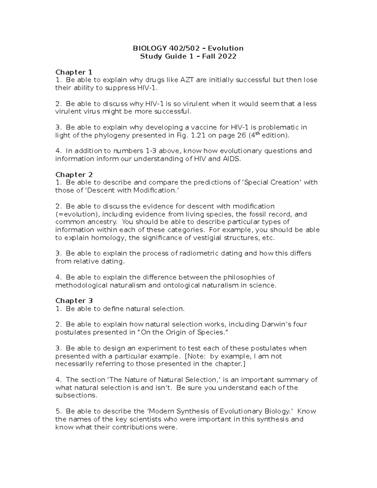 Study Guide one - BIOLOGY 402/502 – Evolution Study Guide 1 – Fall 2022 ...