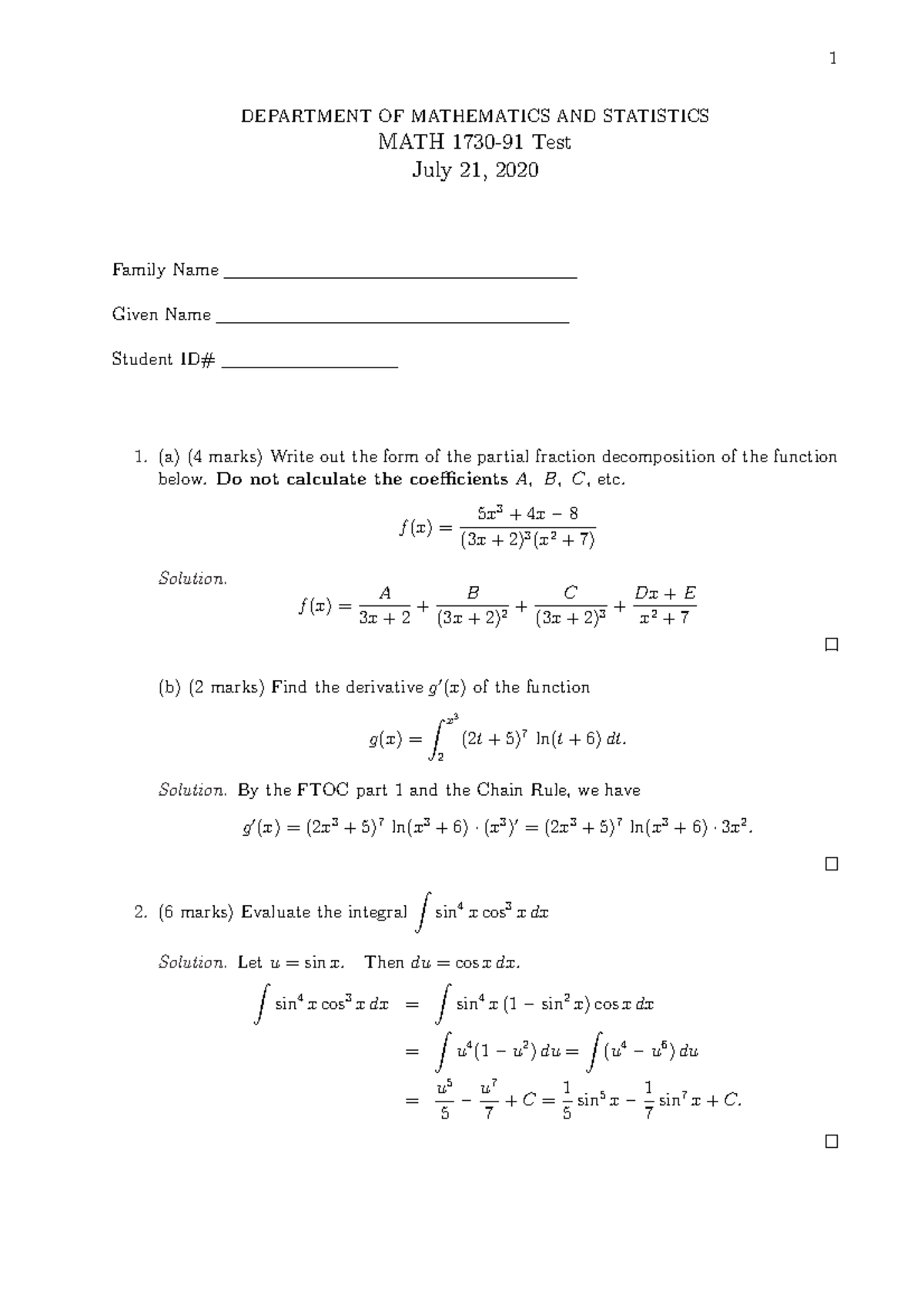 1730Test Sol - Practice Test - DEPARTMENT OF MATHEMATICS AND STATISTICS ...