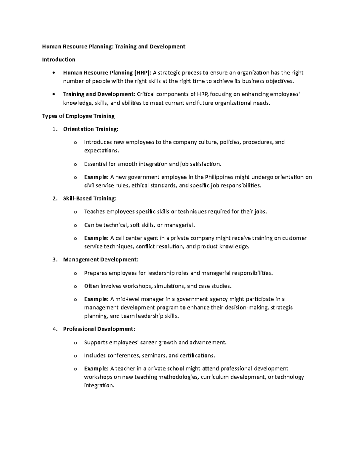 Human Resource Planning - • Training and Development: Critical ...