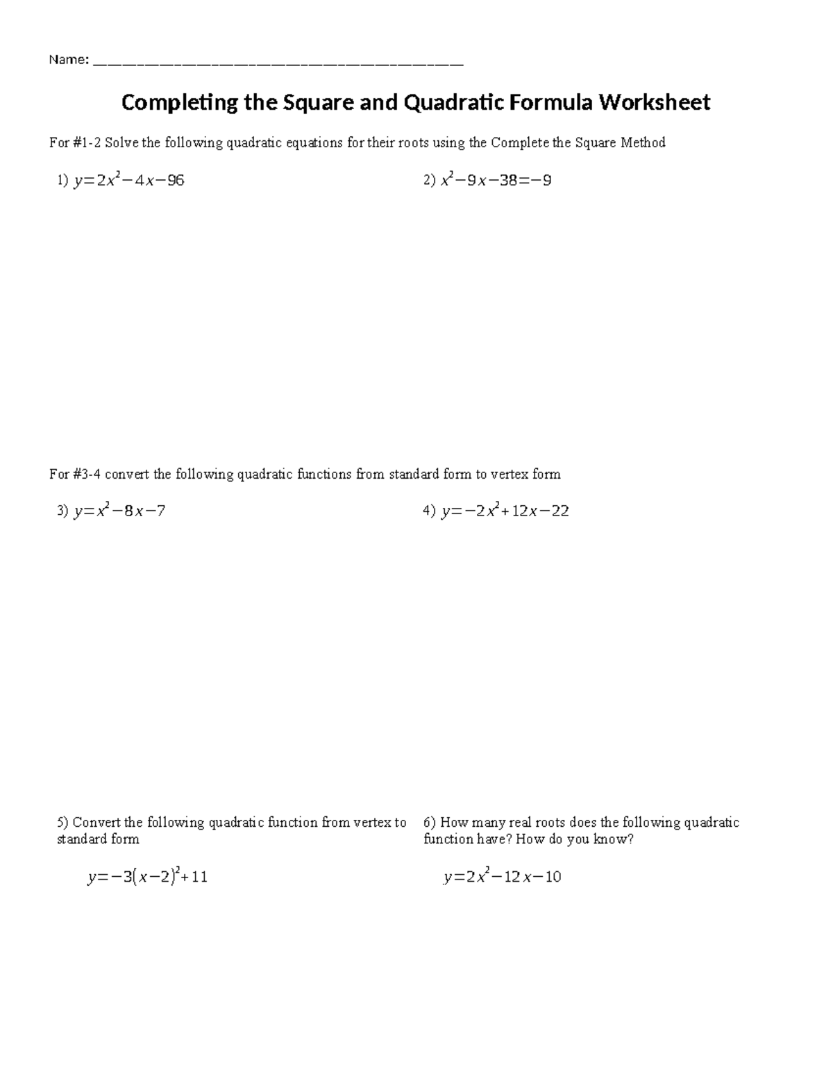 Completing the Square and Quadratic Formula Worksheet - Name: - Studocu